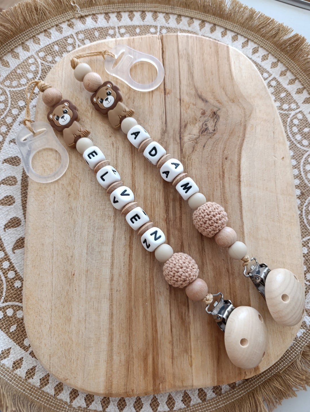 Personalized Silicone Pacifier Clip LION - Light Brown Beige Wood - Boy ...