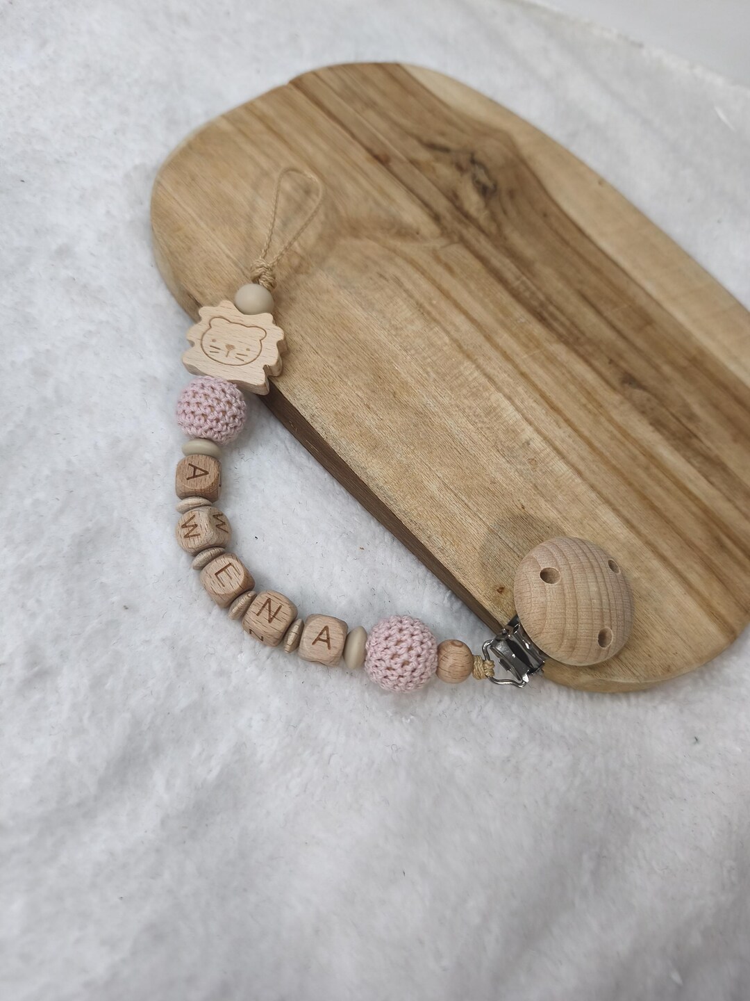 Personalized Pacifier Clip Wood Silicone LION - Pink Beige Wood ...