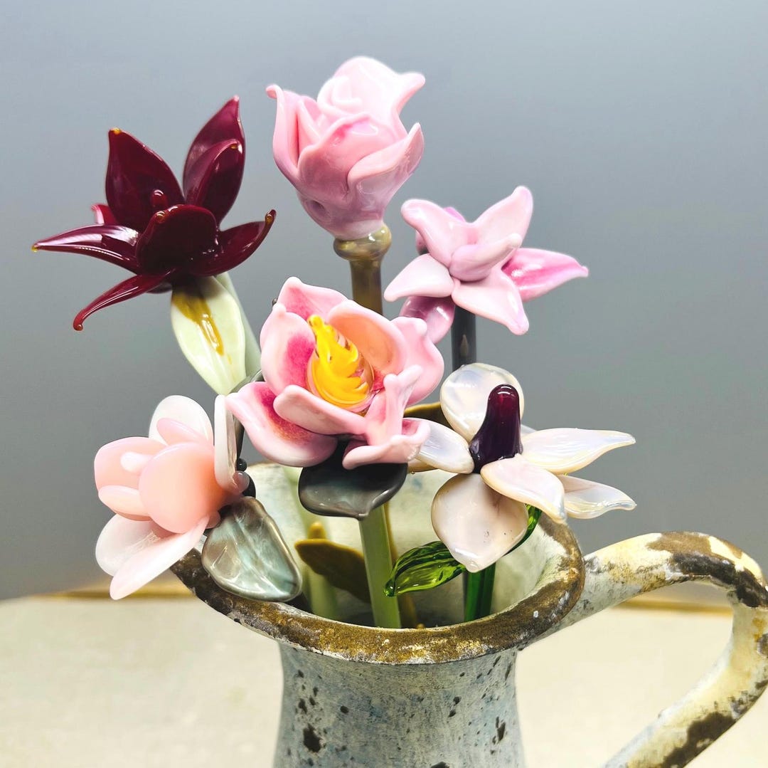 Handmade Glass Rose Sculpture - Pink Hand Blown Glass Flower ...