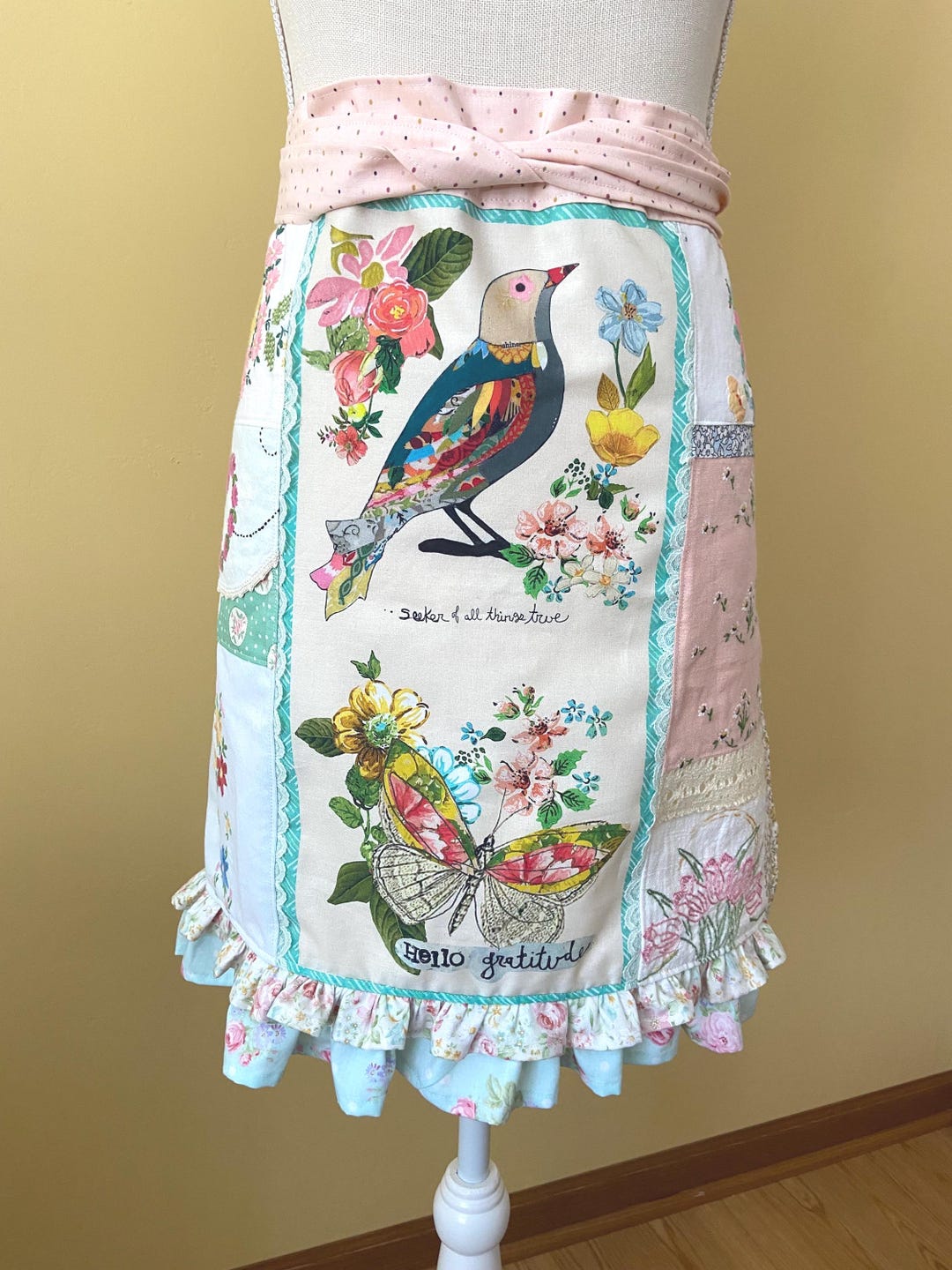 Upcycled Apron With Flowers, Bird, Butterfly, Vintage Linens - Special ...
