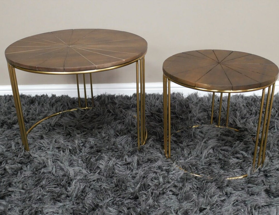 Set of 2 Industrial Style Iron & Mango Wood Tables With Sliced Top ...