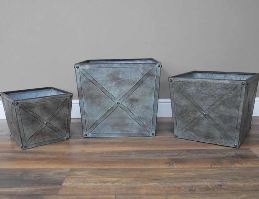 Set of 3 Square Rustic Metal Planters With Cross Pattern - Etsy UK