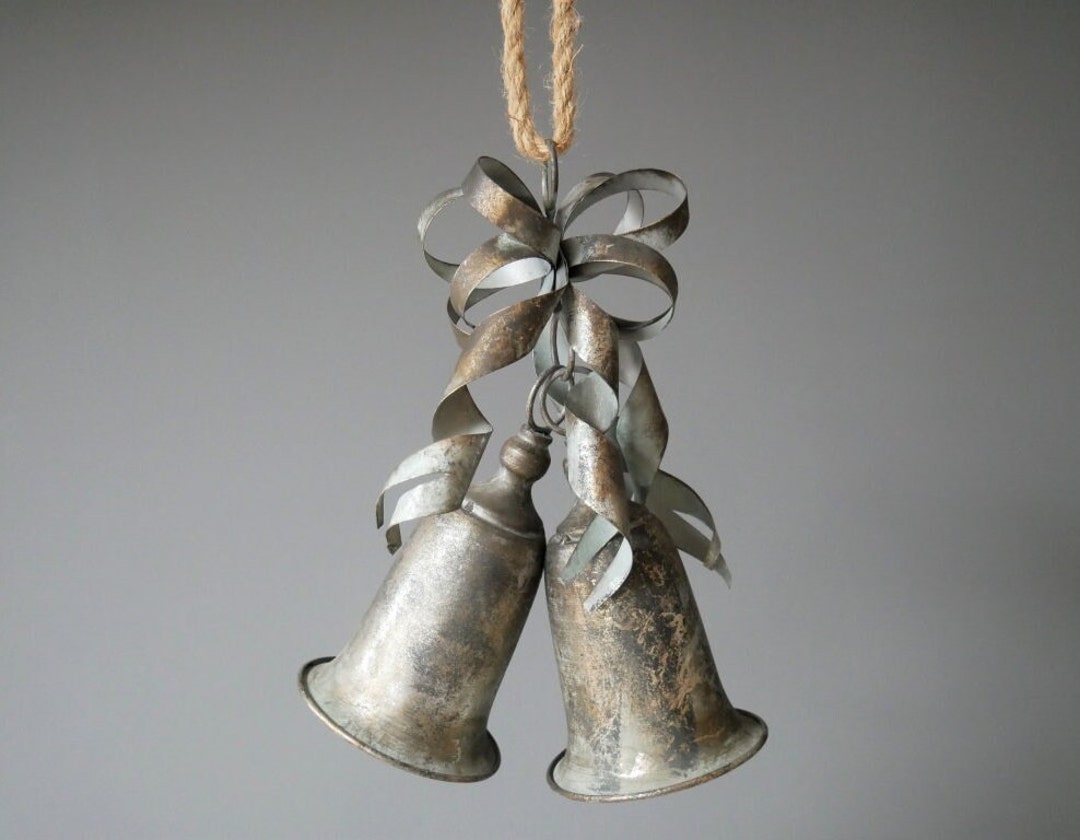Large Metal Silver Hanging Bells on a Rope Decorative Metal Bells ...