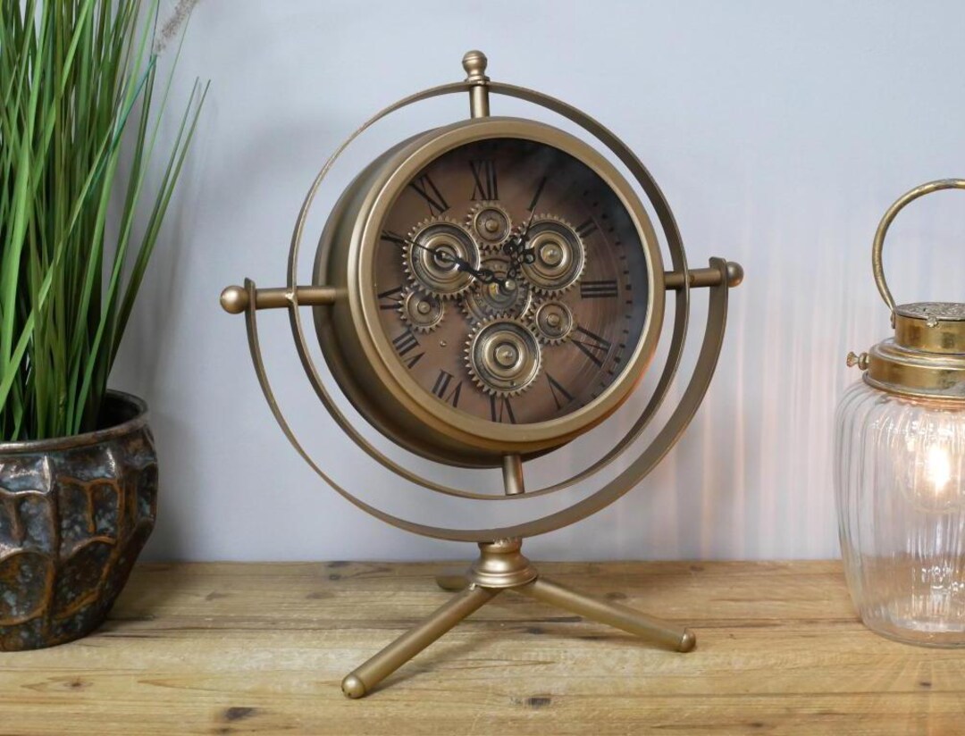 Golden Tabletop Cog Clock | Golden Cog Clock With Moving Mechanisms ...