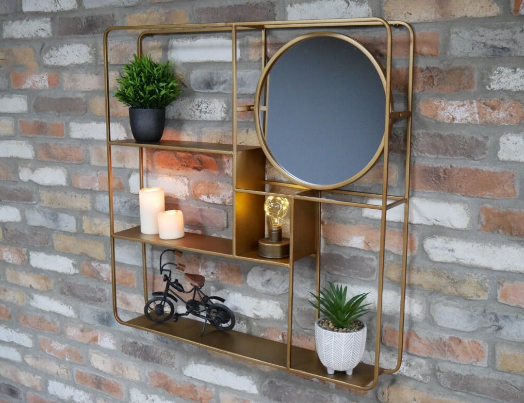 Large Golden Wall Unit With Mirror | Square Wall Shelf | Mirrored Wall ...