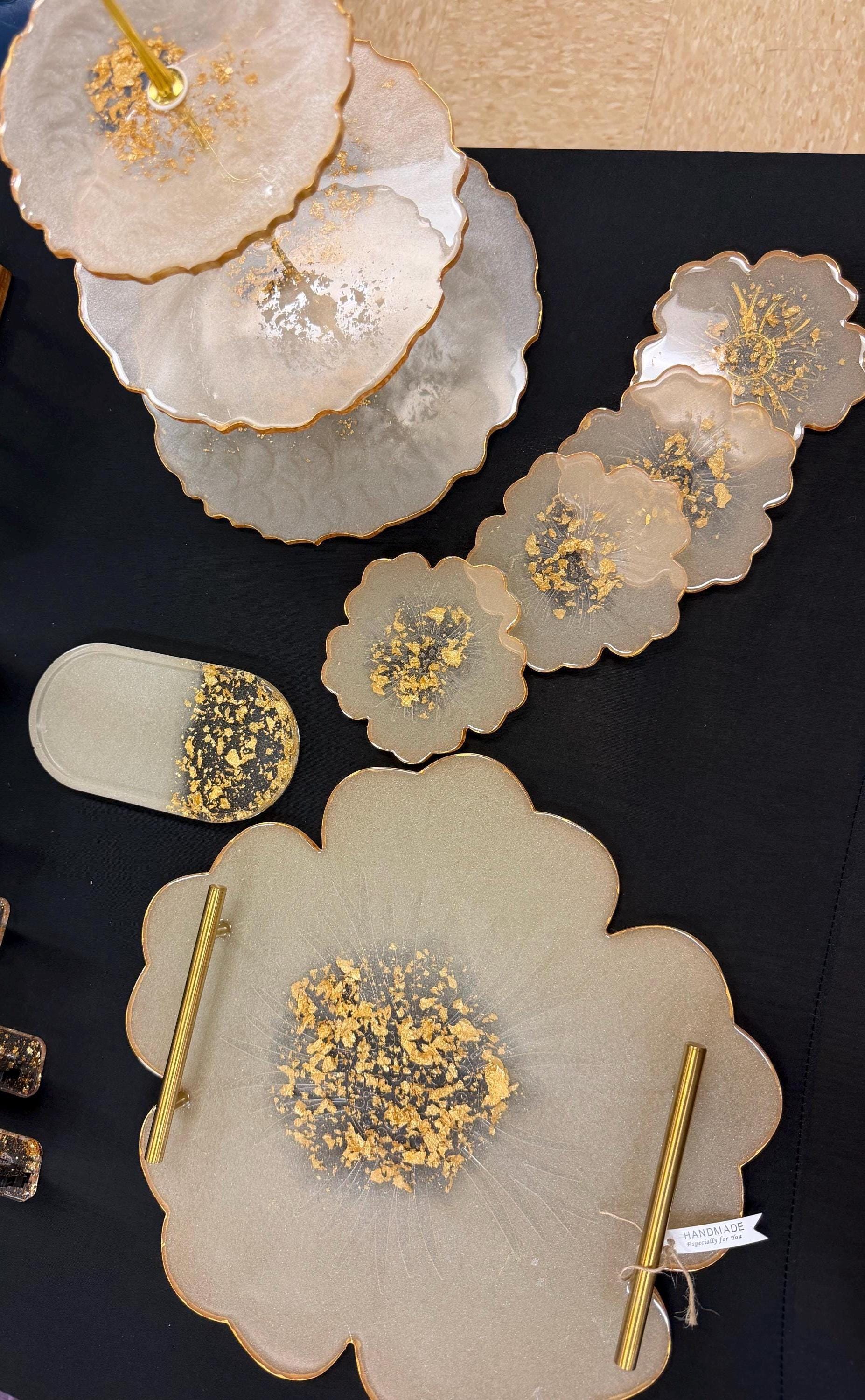 Handmade Beige With Gold Marble Resin Tray Set, Cake Stand & Coasters ...