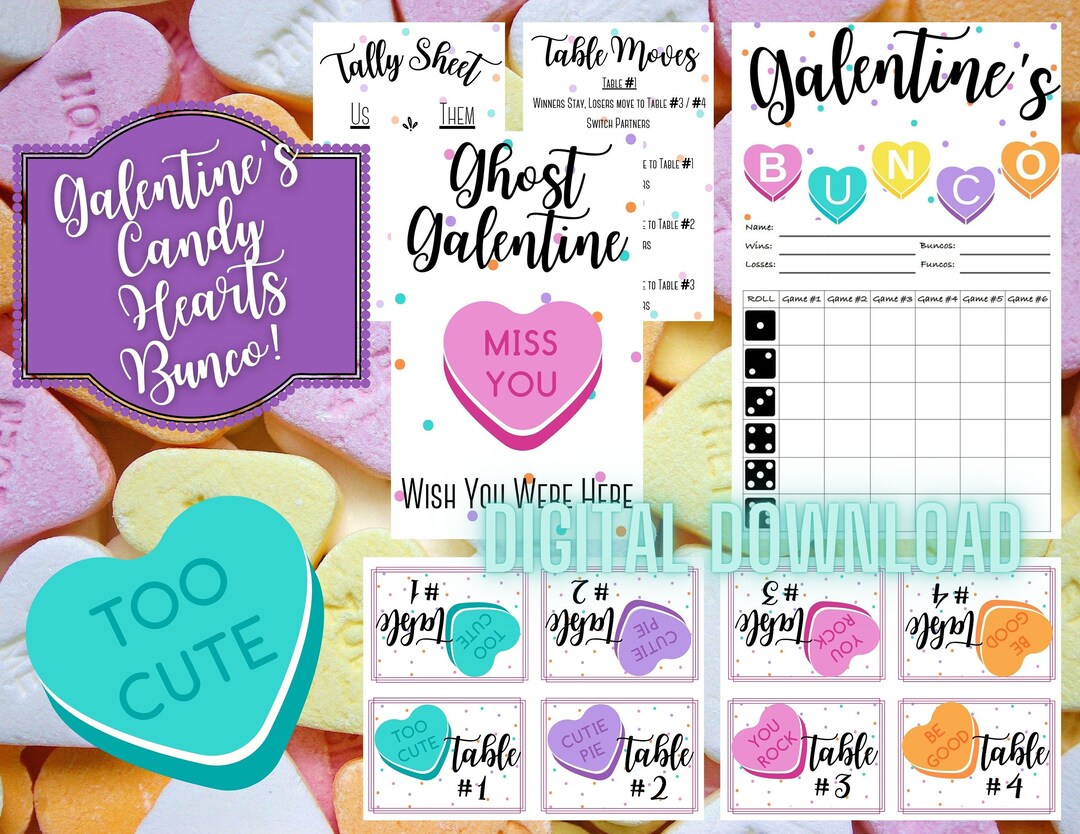 Valentine’s Day, Galentine’s Candy Hearts Bunco Set - Score Cards ...