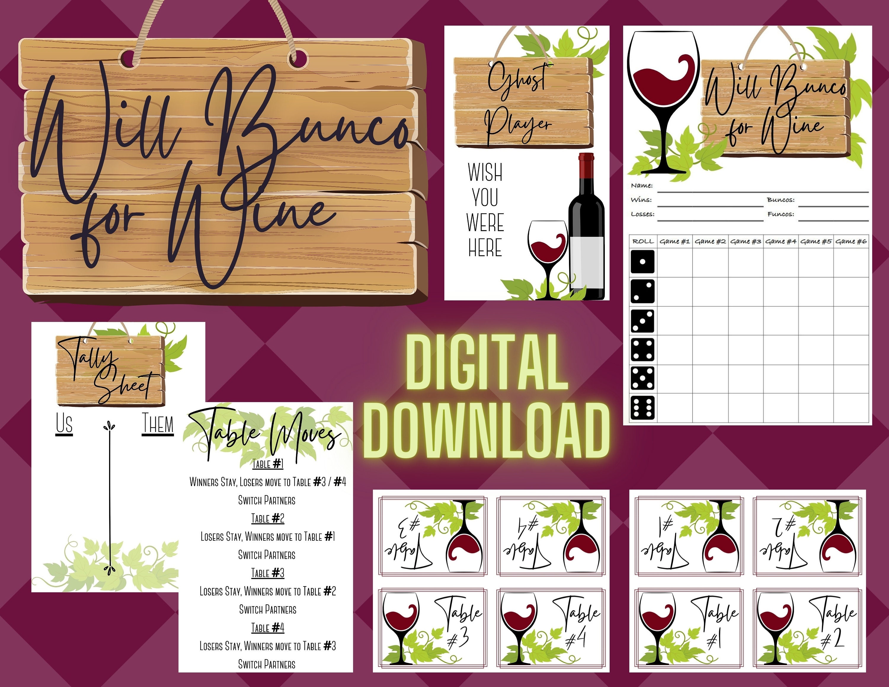 Will Bunco for Wine!! Bunco Set, Score Cards, Tally Sheets, Ghost ...