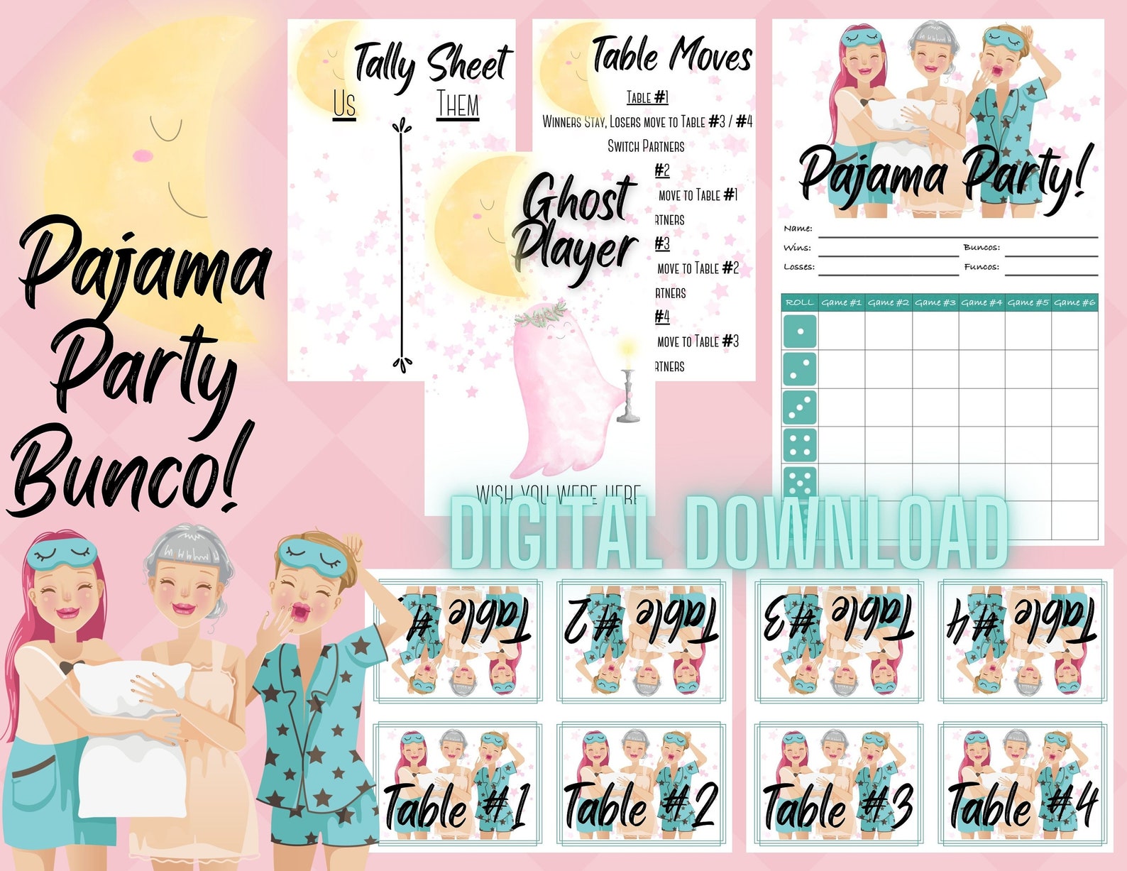 Pajama Party BUNCO Card Set, Score Cards, Tally Sheets, Ghost Player ...