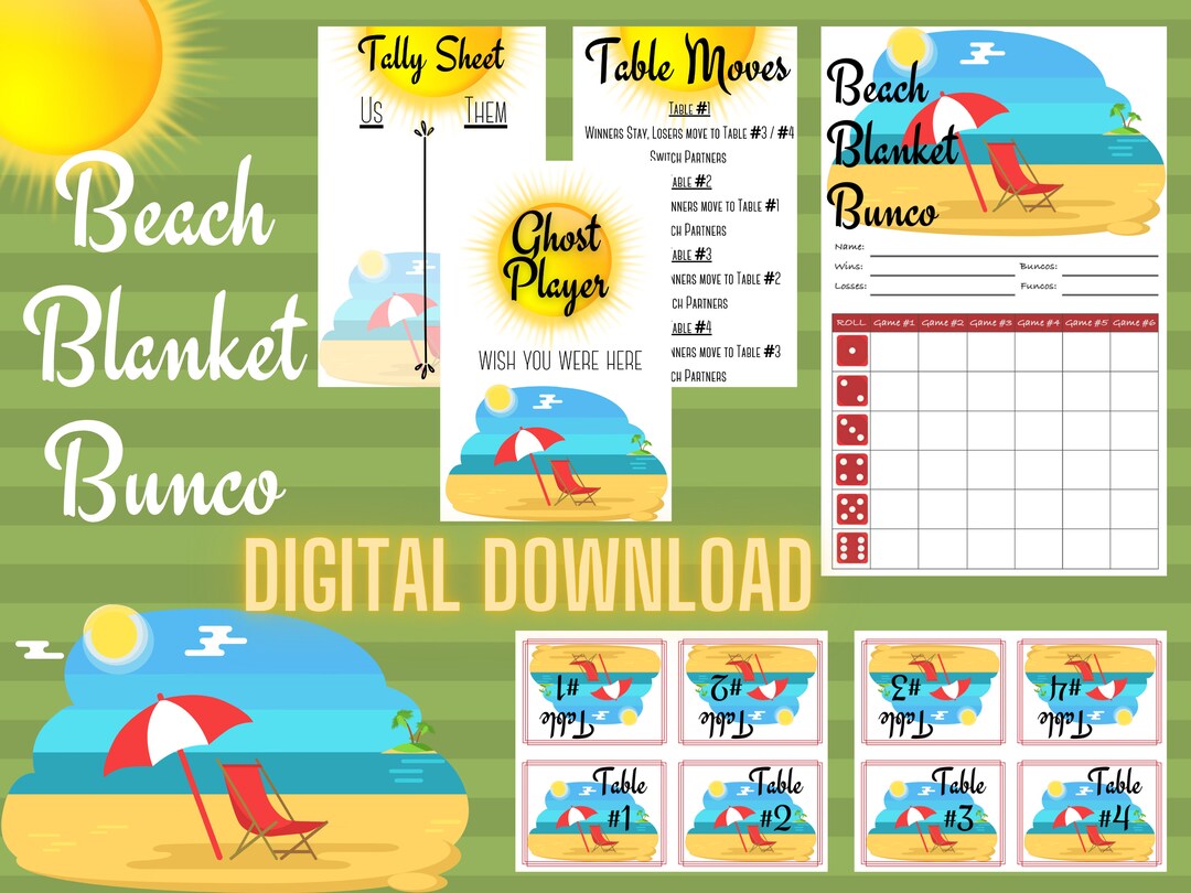 Beach Blanket Summer Bunco Set! Beachy Bunco Score Cards, Tally Sheets ...