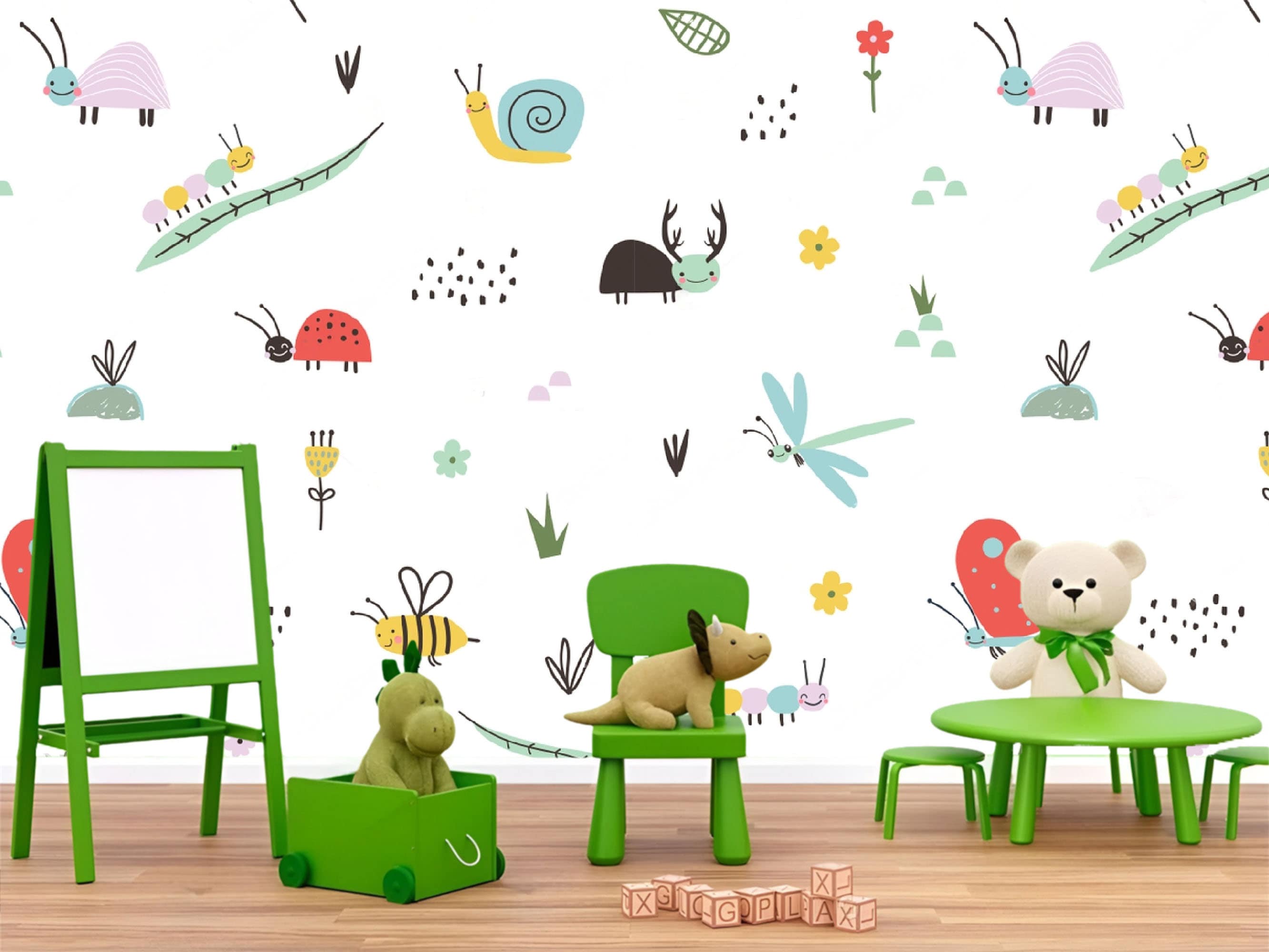 Childish Pattern Cute Bugs and Bees Wallpaper for Kids Room Fun and ...