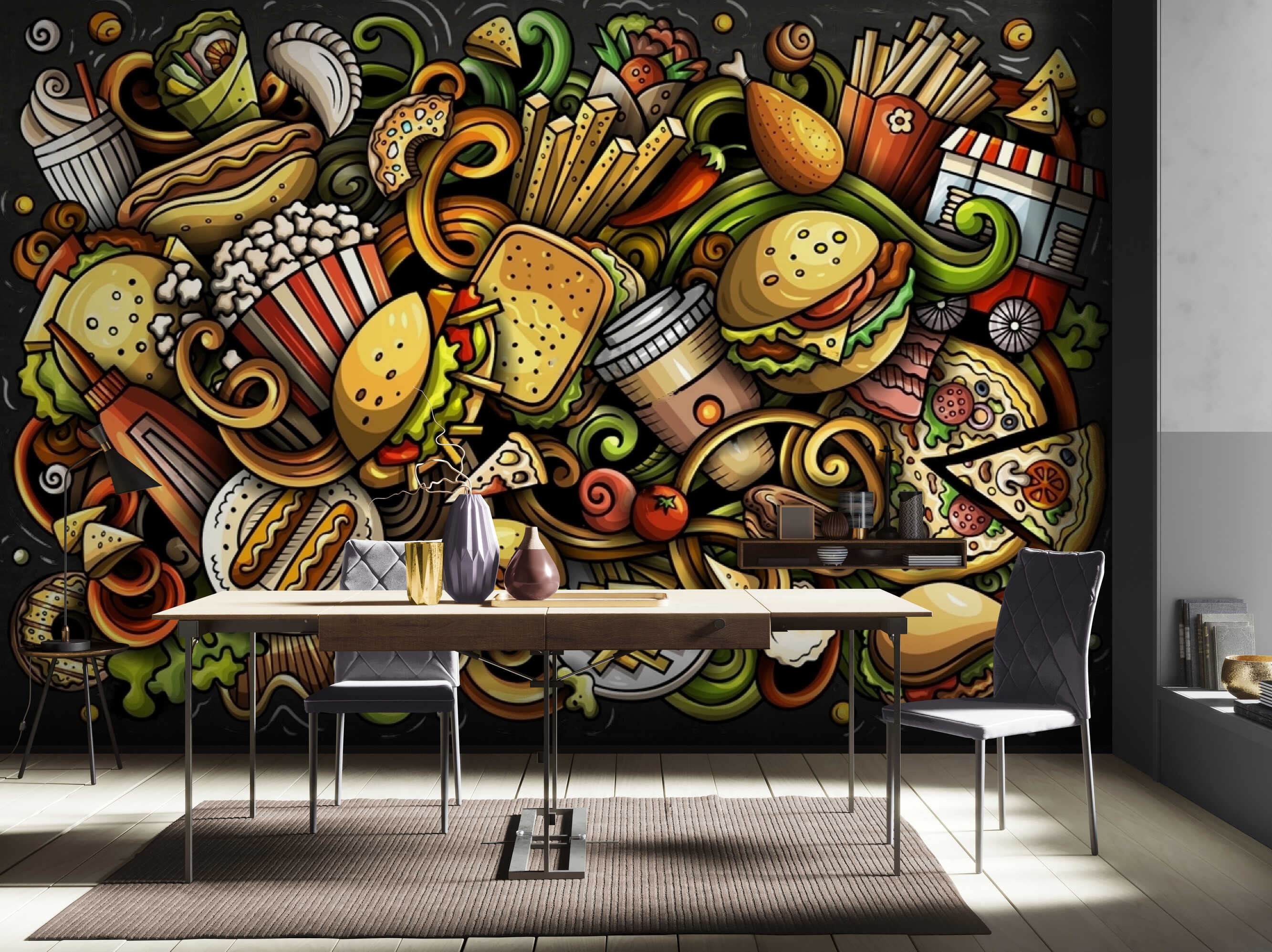 Peel and Stick Fast Food Wallpaper Mural - Hand Drawn Cartoon Graffiti ...
