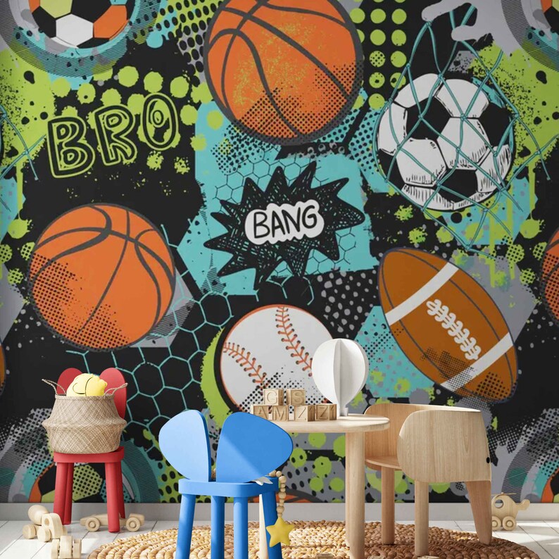 Kids Play Room Sporty Balls Themed Wallpaper, Peel and Stick or ...
