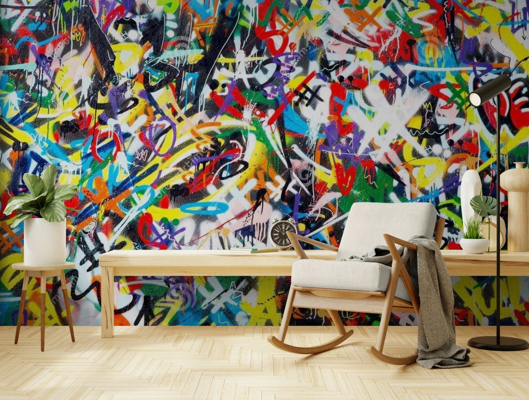 Original Abstract Graffiti Collage Mural Wallpaper Modern Wall Art ...
