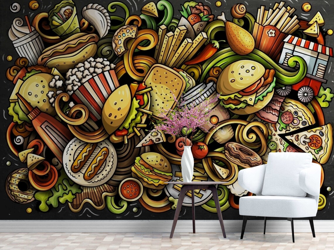 Peel and Stick Fast Food Wallpaper Mural Hand Drawn Cartoon Graffiti ...