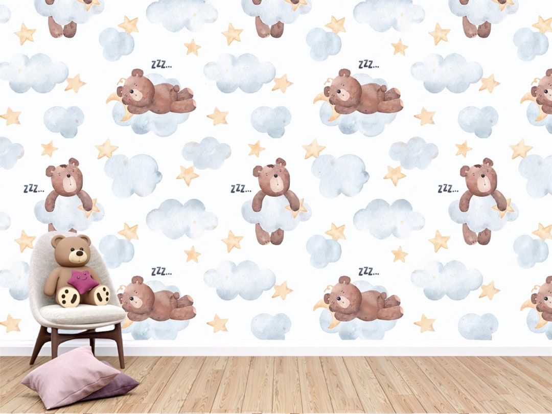 Baby Wallpaper Teddy Bear on Clouds Mural Wallpaper Kids Wall Paper ...