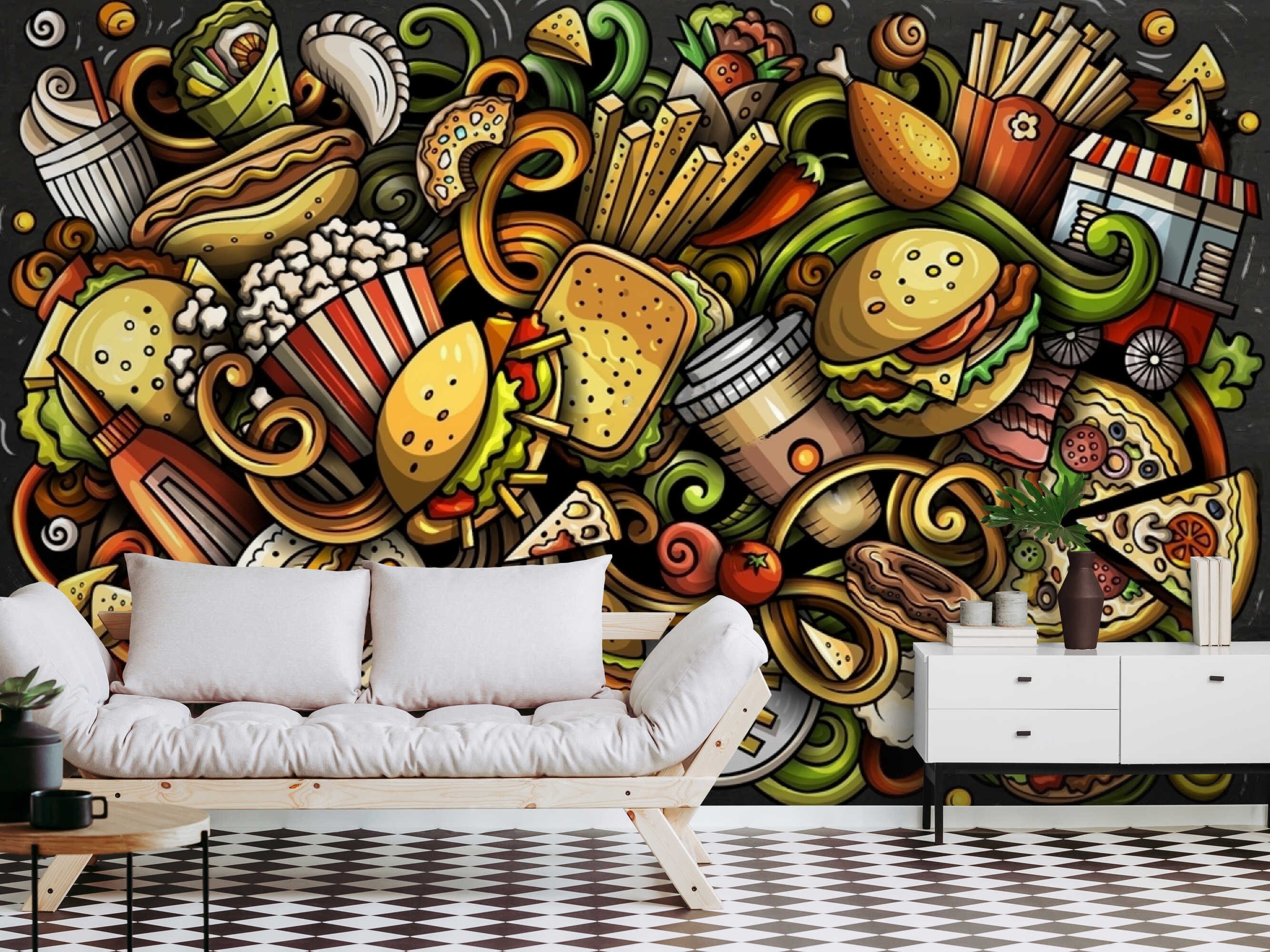 Peel and Stick Fast Food Wallpaper Mural - Hand Drawn Cartoon Graffiti ...