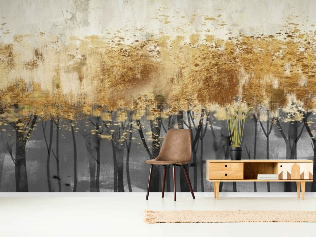 Unique Contemporary Gold Trees Wallpaper, Abstract Tree Mural Art ...