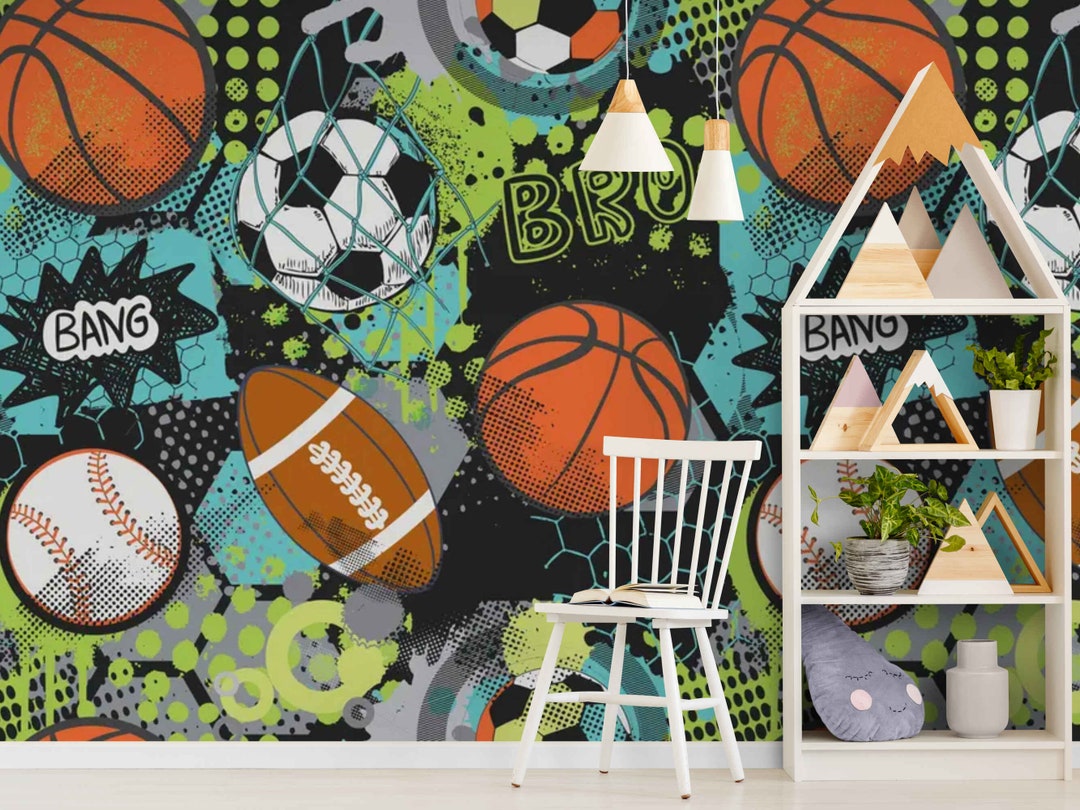 Kids Play Room Sporty Balls Themed Wallpaper, Peel and Stick or ...