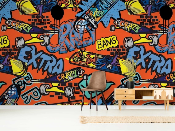 Skateboard Prints Mural Extreme Wallpaper Mural Graffiti Wallpaper Design Peel and Stick Adhesive Wallpaper Boys Bedroom Decor Etsy