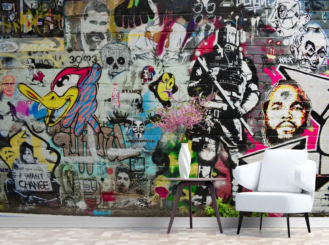 Funky Graffiti Wallpaper: Peel and Stick Urban Art Mural - Etsy