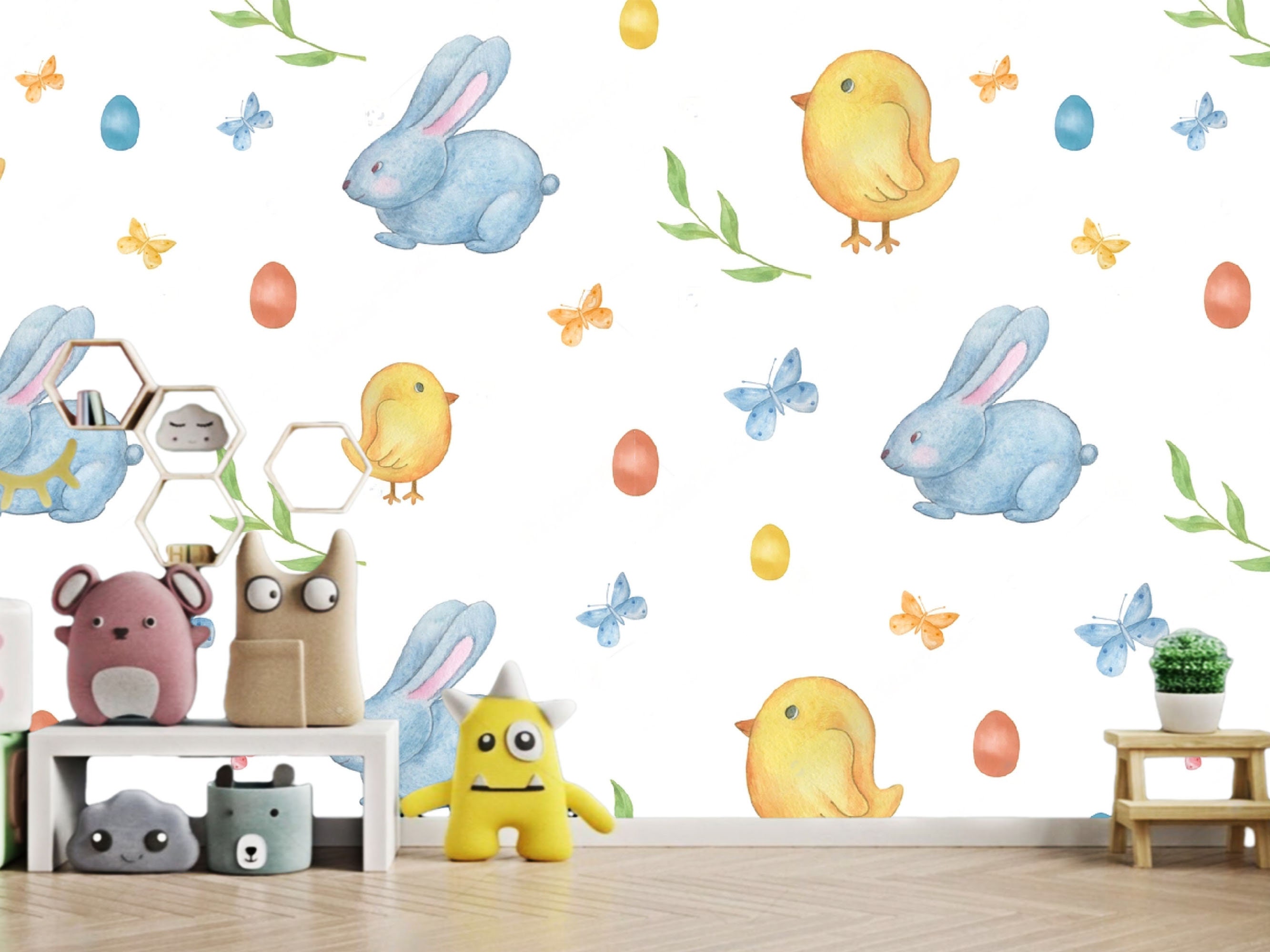 Watercolor Kids Wallpaper With Spring Pattern Mural Fabric Wall ...