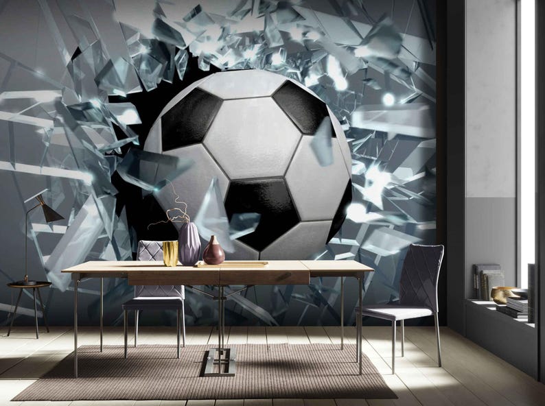 3D Soccer Ball Breaking Glass Wall Mural – Sports Wallpaper for Boys ...