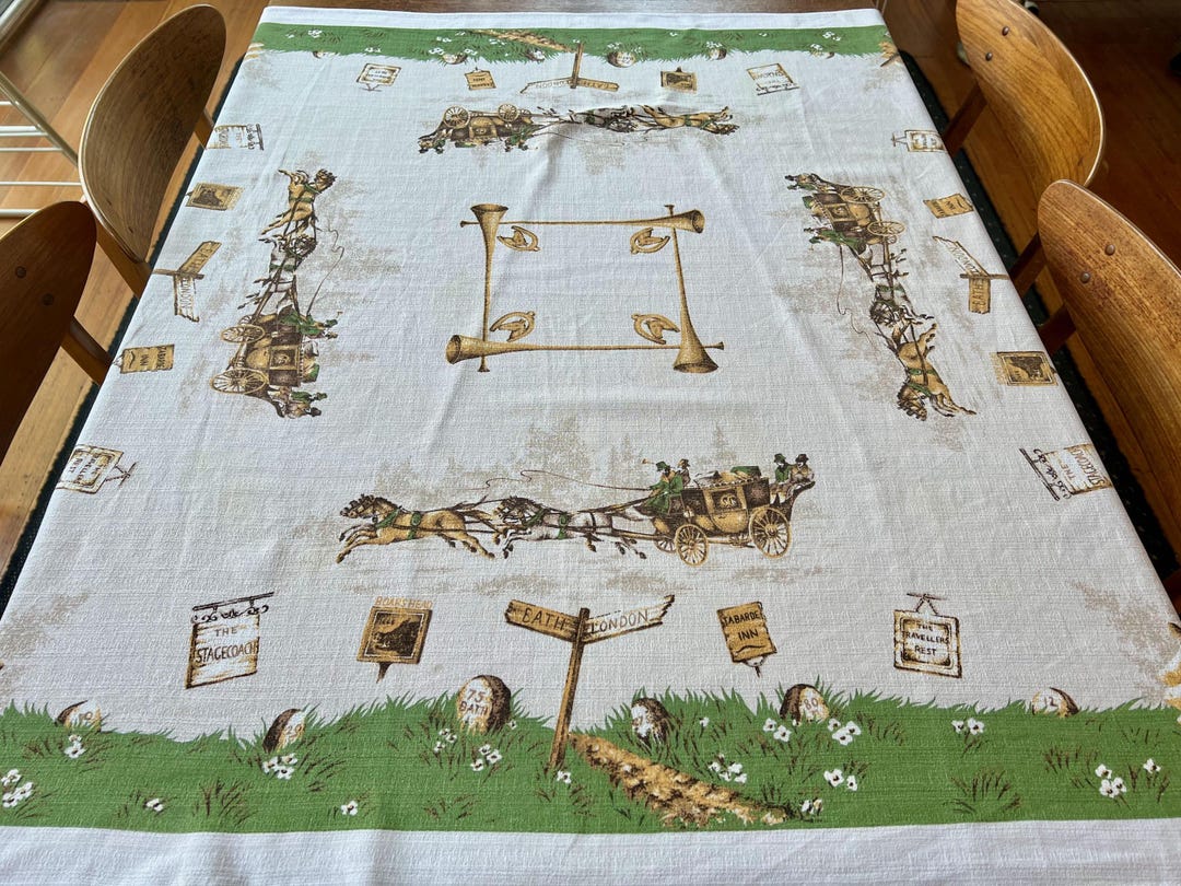Vintage Tablecloth Green Country Scene Textured Cotton Caravan ...