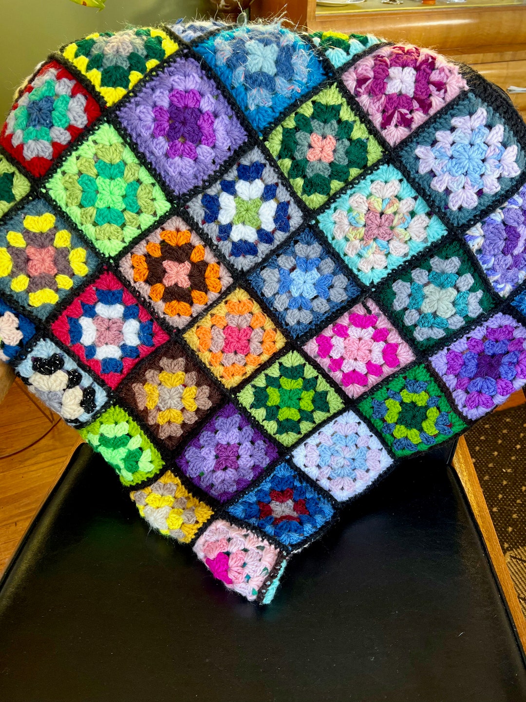 Vintage Knee Blanket Throw Granny Square Crochet Rug Black Edging ...