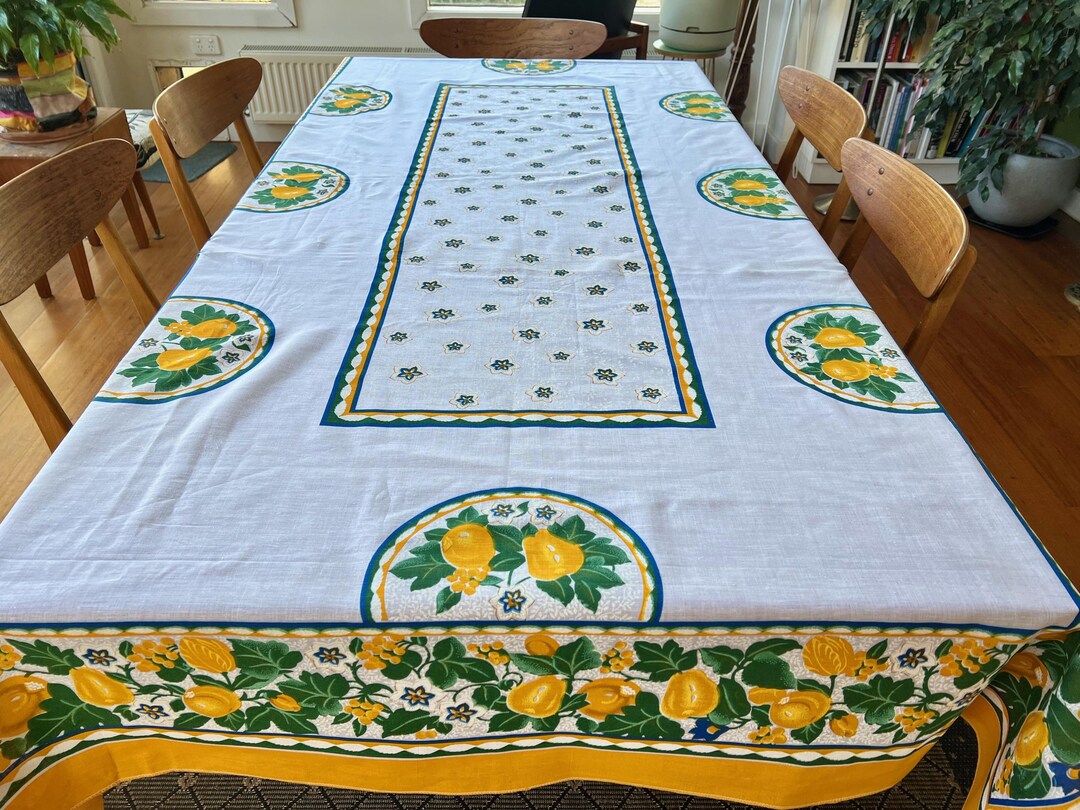 Vintage Tablecloth C. 1980s Fruit and Floral Pattern Yellow Blue and ...