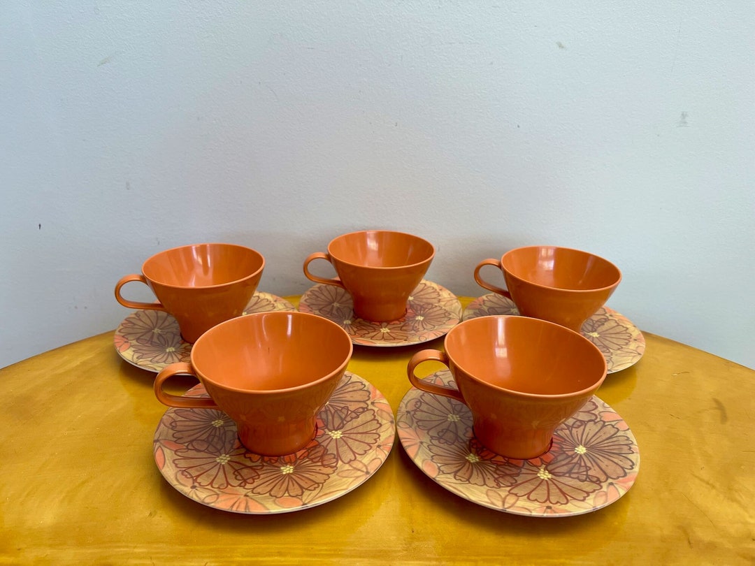 Vintage Bessemer Ware Cups and Saucers Orange Floral Set of Five C ...