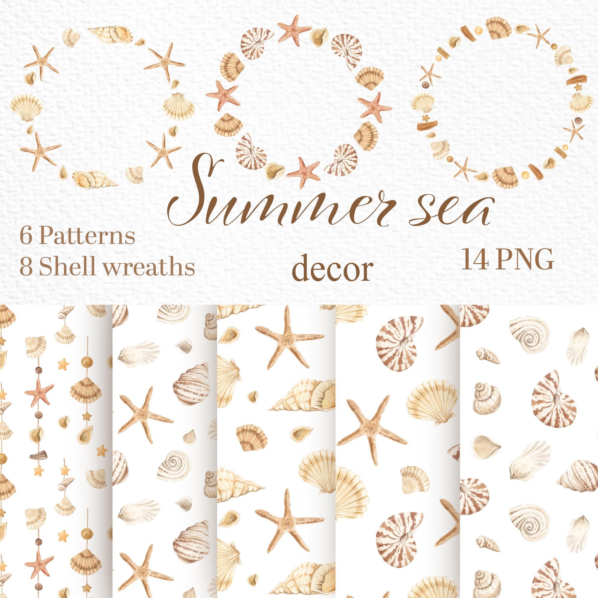 Watercolor Shell Clipart: Boho Ocean Wreaths & Patterns, Marine Life ...