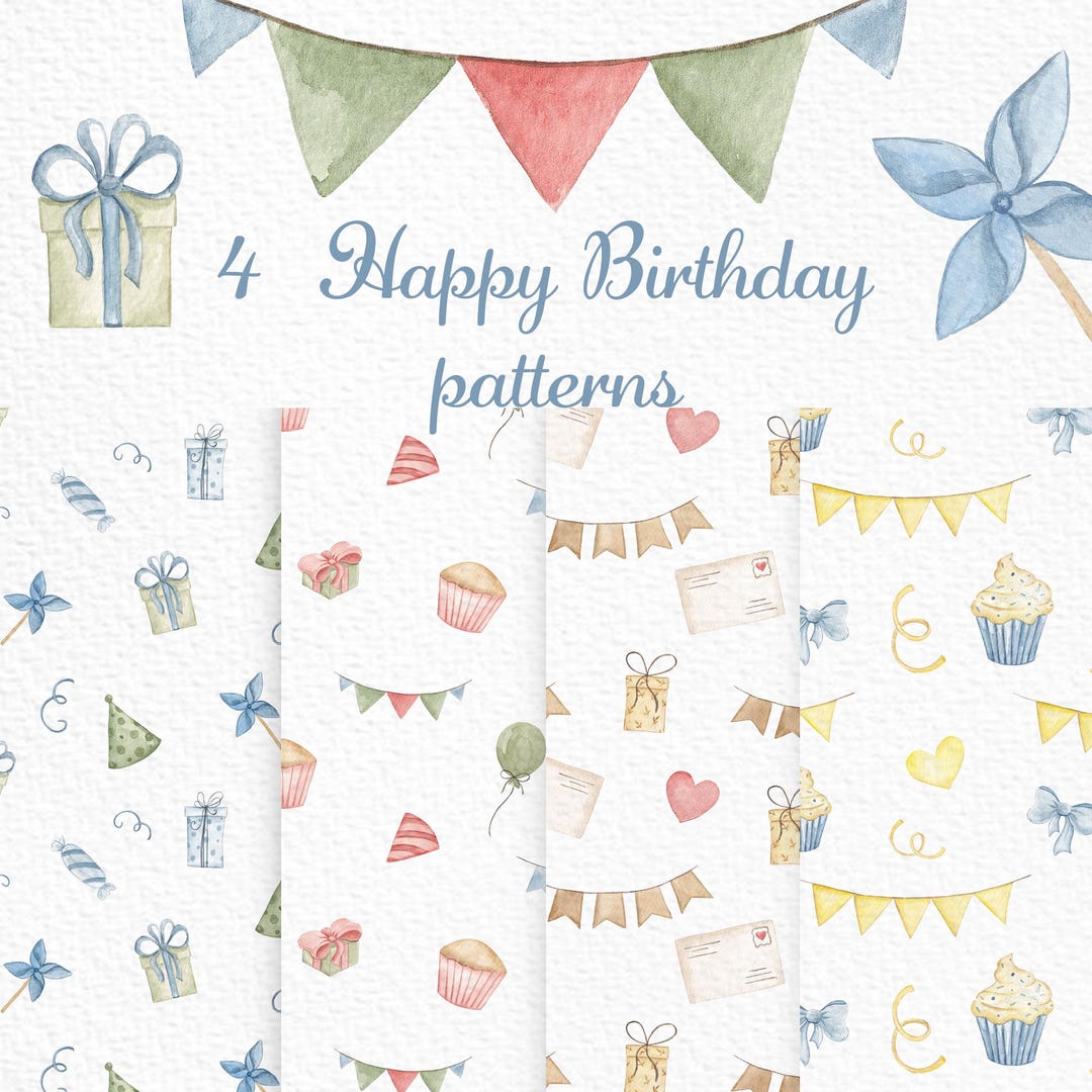 Watercolor Birthday Clipart Set: Party Patterns, PNG Digital Download ...