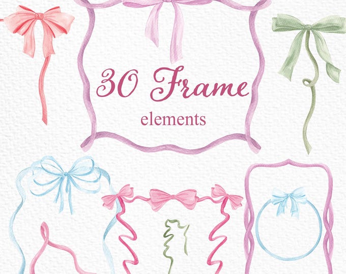 Bows Ribbon Frame Clipart, Bow Frame Clipart, Grandmillennial Clipart ...