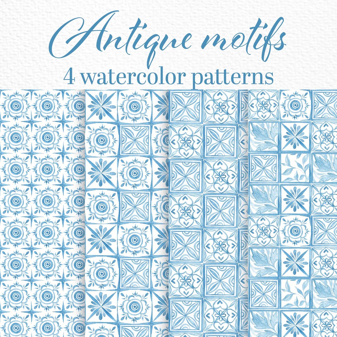 Santorini Watercolor Paper: Greece Tile Patterns, Hand Drawn Antique ...