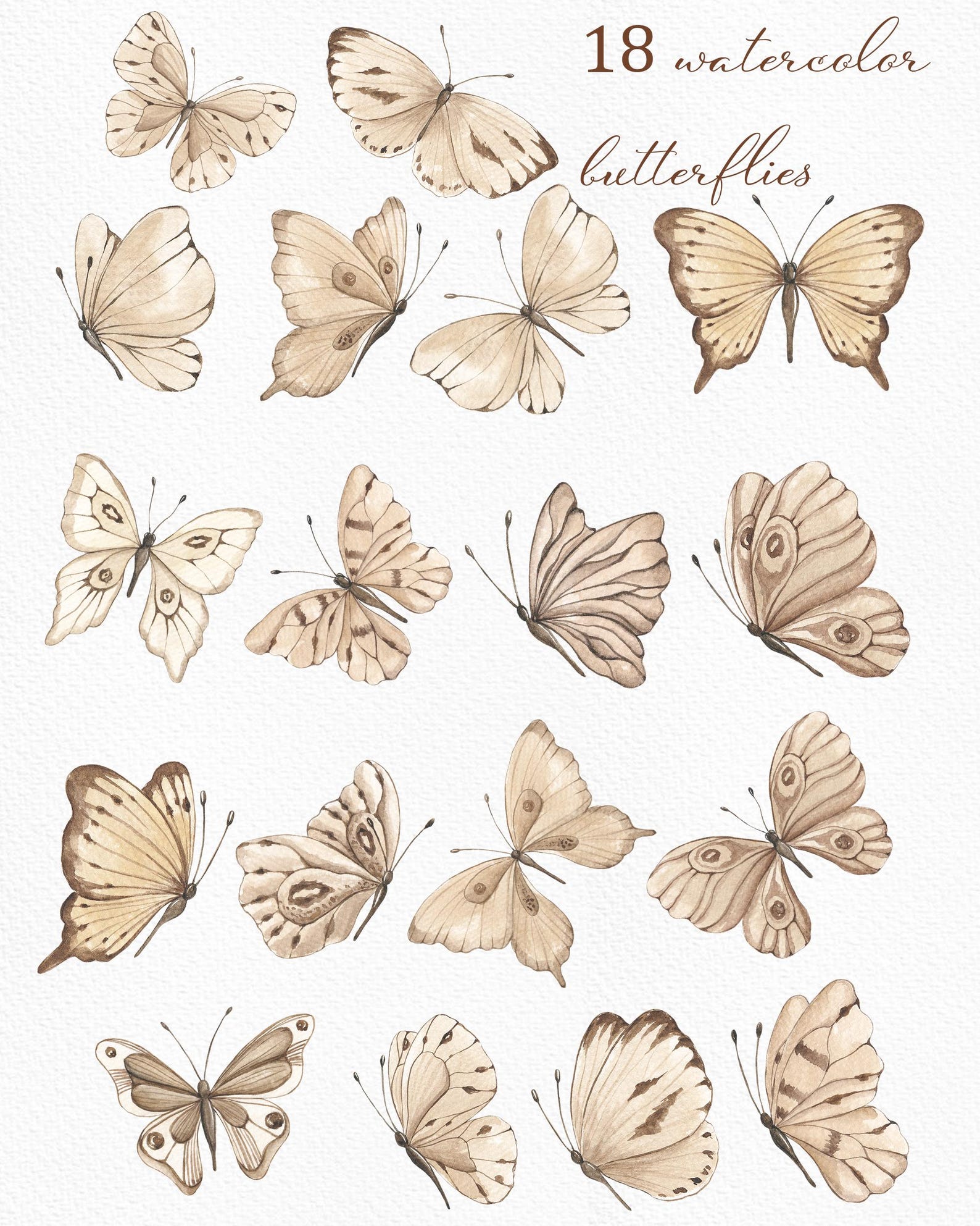 Watercolor Boho Butterfly Clipart: Cream & Beige Vintage Illustrations ...