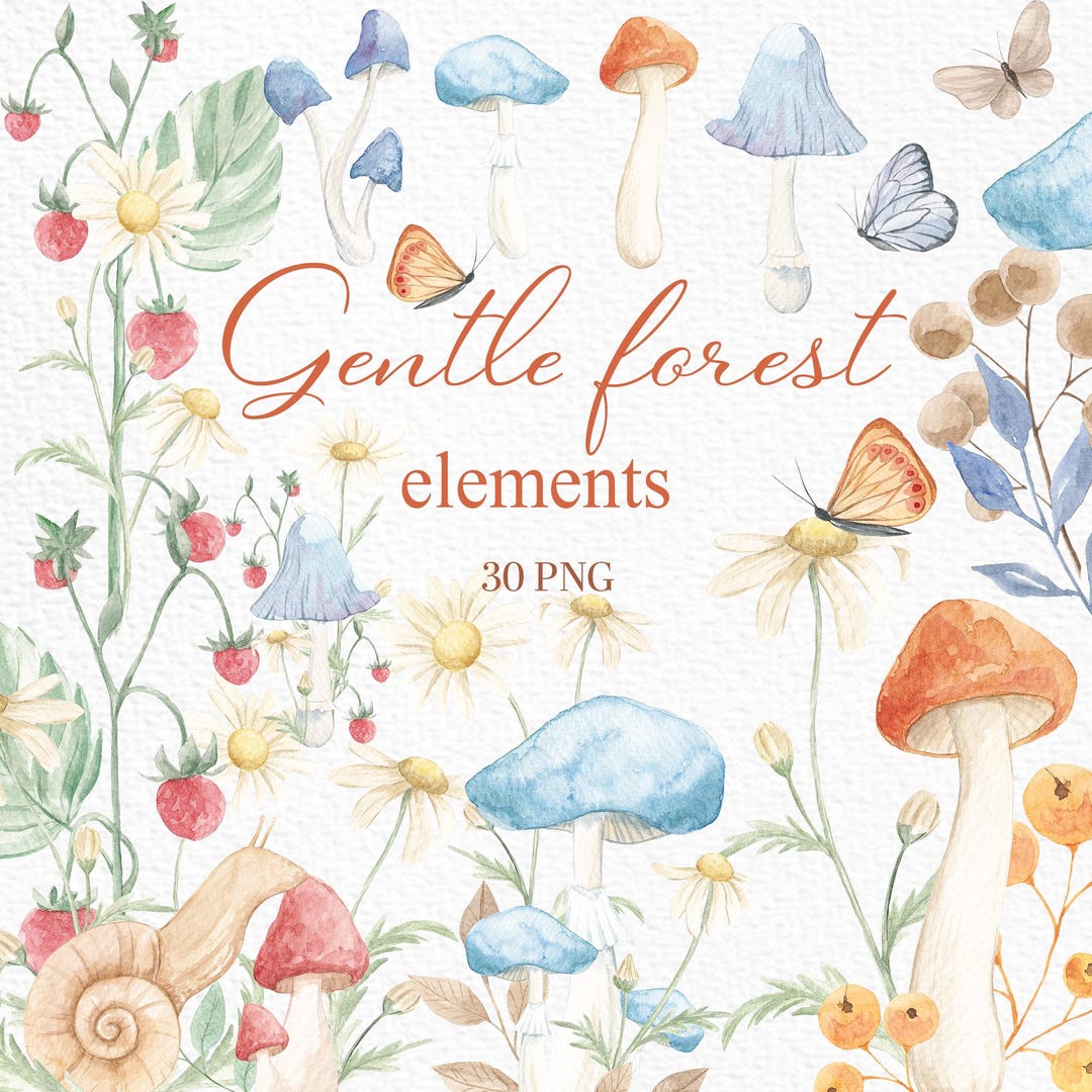 Mushroom Watercolor Clipart: Vintage Forest PNG Elements, Butterfly ...