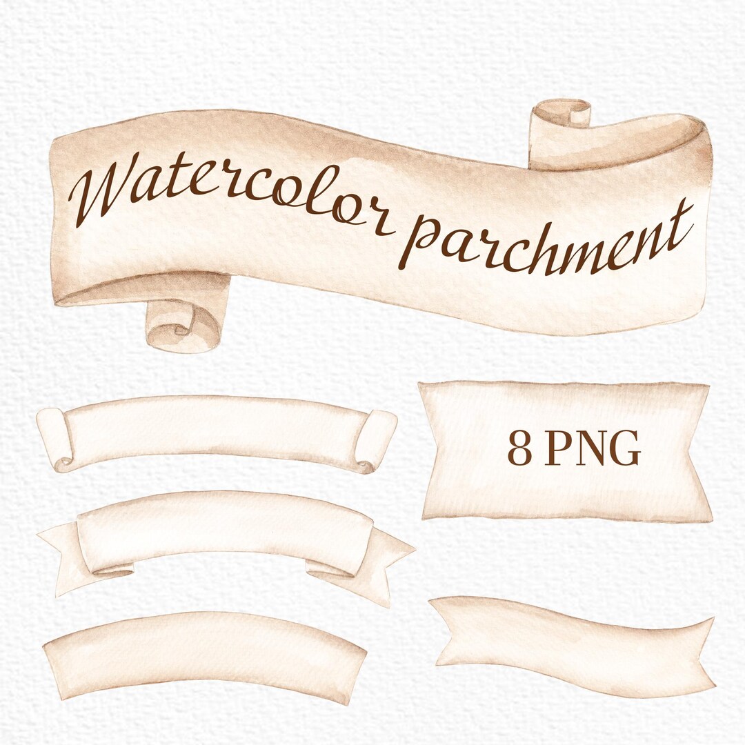 Watercolor Parchment Banners Clipart: Wedding & Birthday (PNG, Digital ...