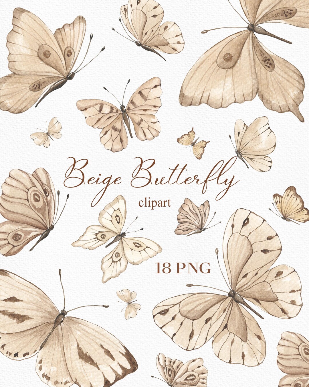 Watercolor Boho Butterfly Clipart: Cream & Beige Vintage Illustrations ...