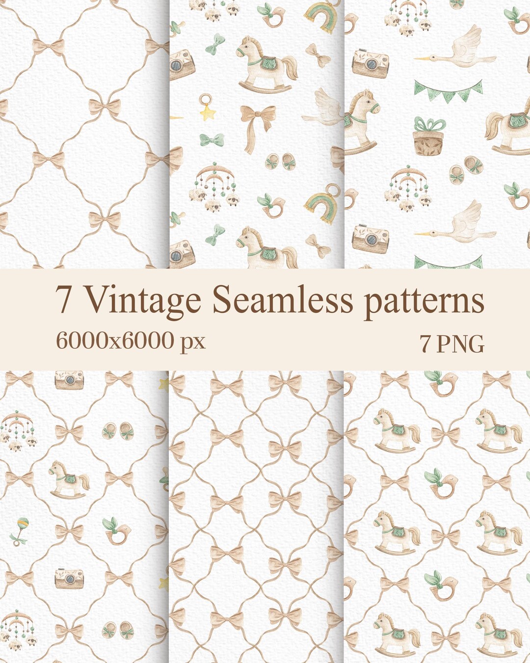 Vintage Bows Watercolor Pattern: Nursery Toys Print (PNG Digital ...