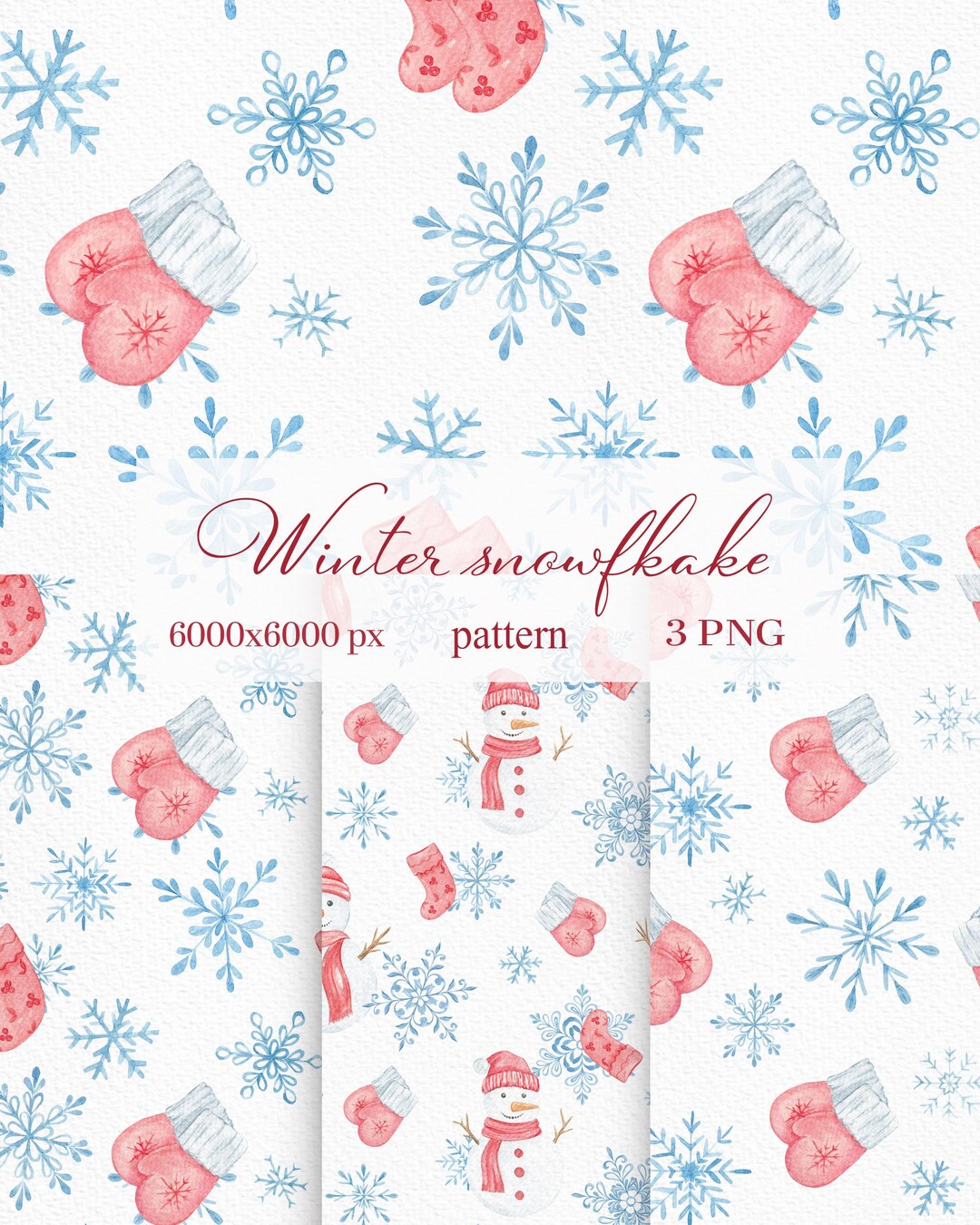 Snowflake Seamless Patterns, Watercolor Christmas Backgrounds (3 PNG ...