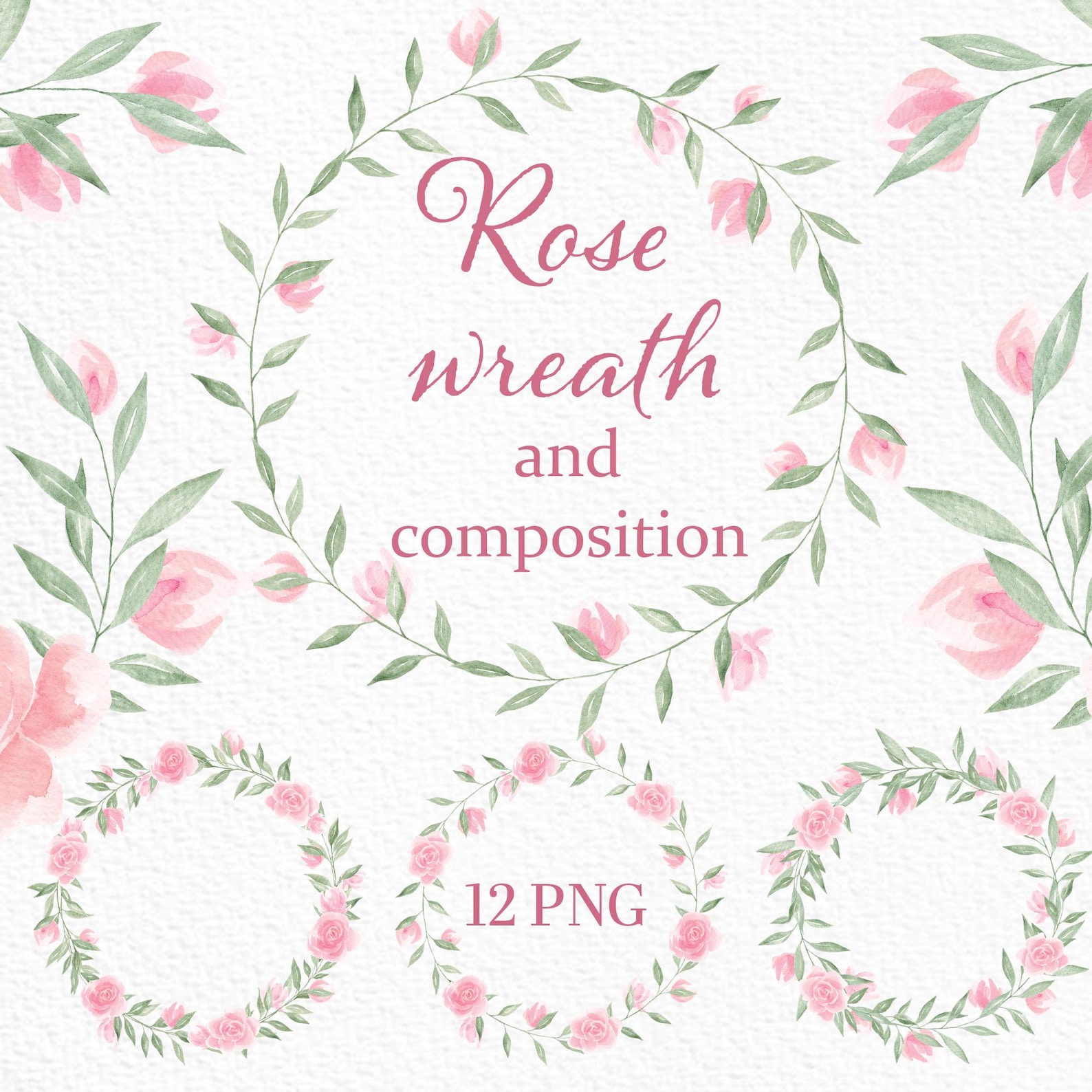 Pink Roses Wreaths Clip Art, Floral Wreath, Hand Painted, Watercolor ...