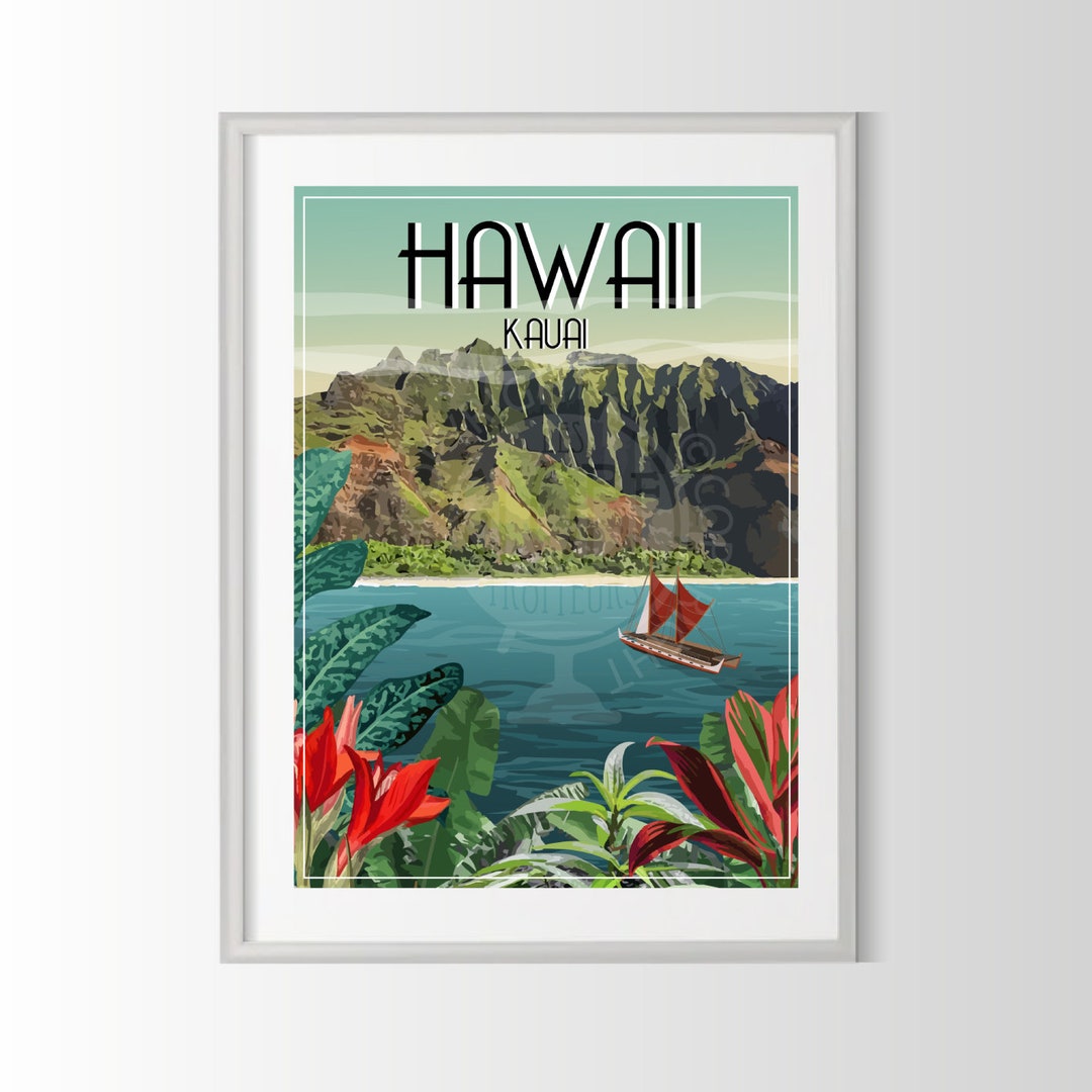 Affiche Hawaii, poster Hawaii , souvenir Hawaii , affiche vintage, poster Kauai, ile de Hawaii ...