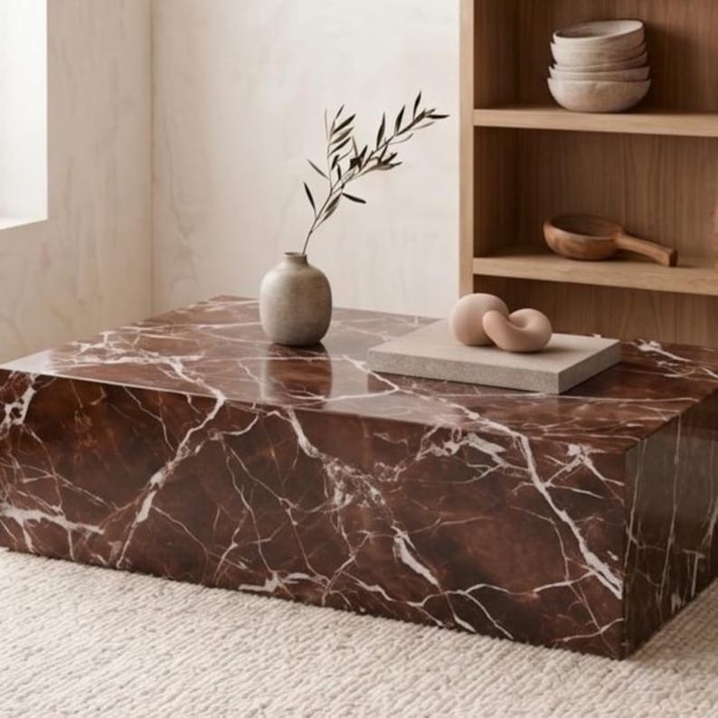 Rosso Levanto Marble Pedestal Side Table, Architectural Tray-top Accent ...