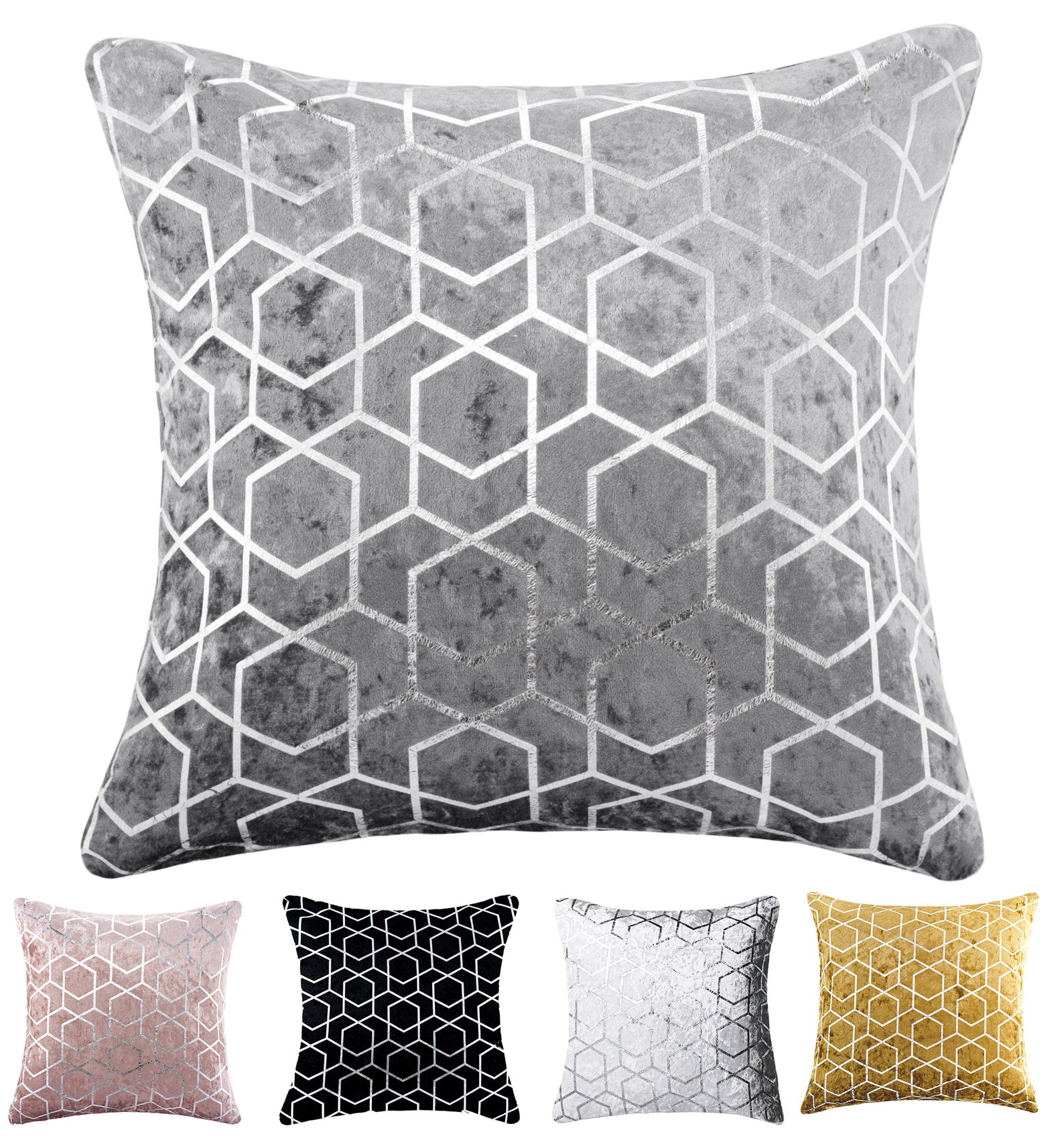 Metallic Geometric Cushion Cover in Luxury Crushed Velvet With Silver ...