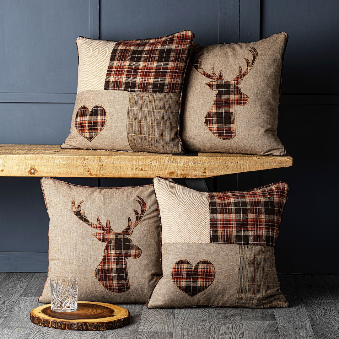 Set of 4 Tartan Stag & Tartan Patchwork Heart Cushion Covers in Brown ...