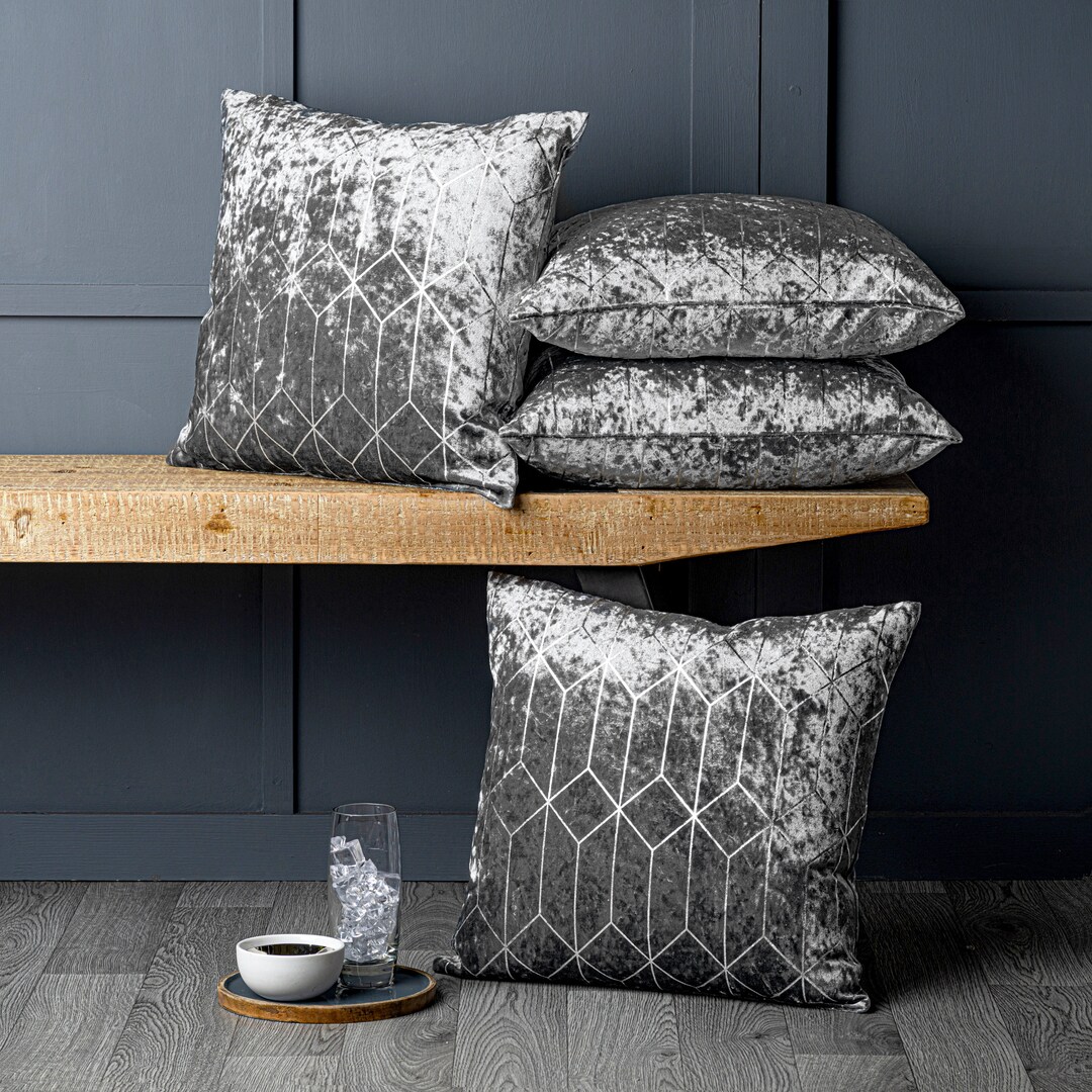 Set of 4 Metallic Geometric Deco Diamond Crushed Velvet Blush Pink or ...