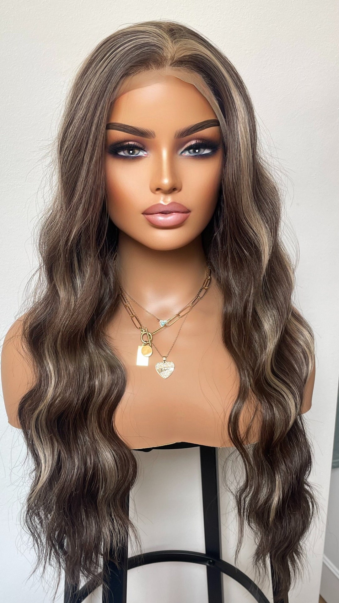 Brunette Brown Lace Front Wig With Blonde Highlights / Free Part Wig ...