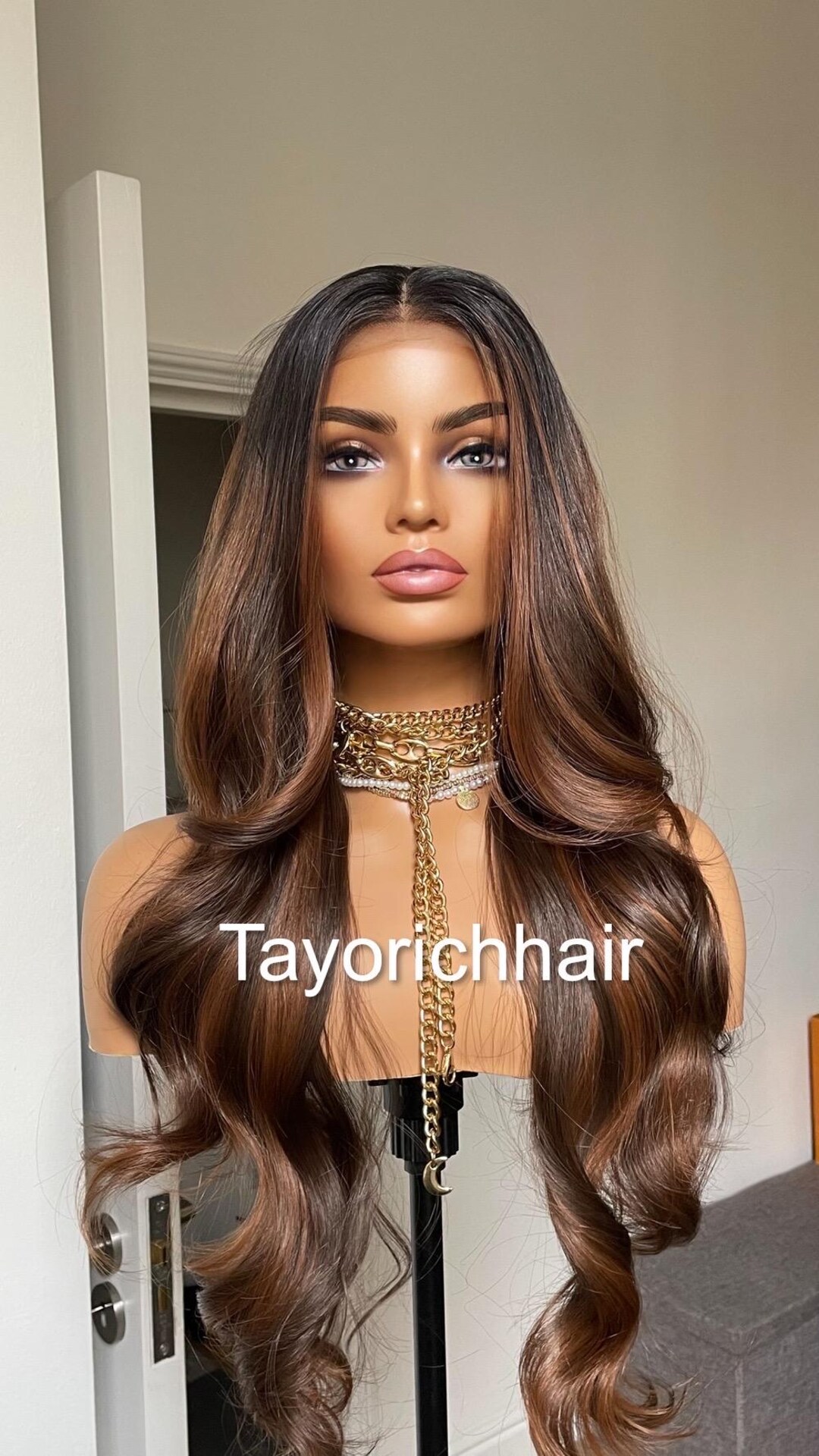 Reddish Brown Wavy Synthetic Lace Wig With Black Roots - 24 Inch - Etsy