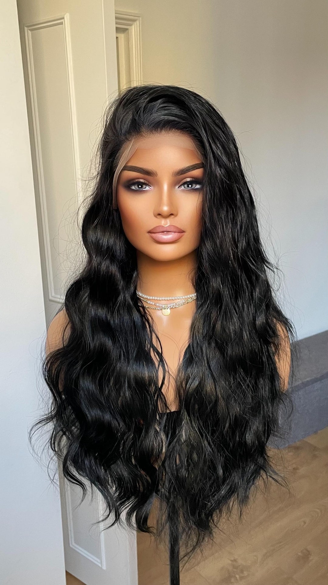 Jet Black Lace Frontal Synthetic Wig/black Wigs for Women/loose Wavy ...